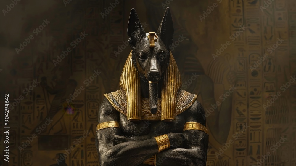 The statue of Anubis, a black canine-headed deity, stands proudly ...