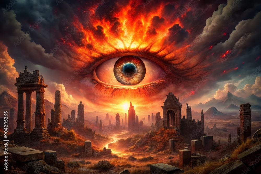 Eerie, apocalyptic landscape with fiery, crimson sky, ancient ruins ...