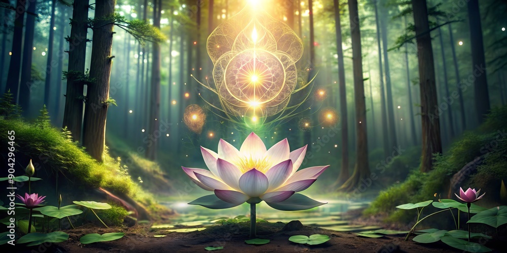 Serene illustration of a peaceful forest with a glowing lotus flower ...
