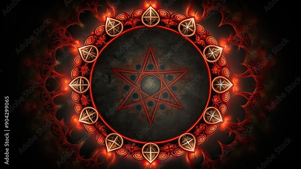 Demonic border circle with sinister symbols and dark colors, demon ...