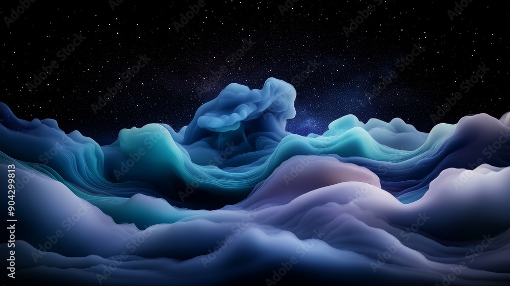 Graceful fluid waves in a cosmic palette of indigo and green, blending ...