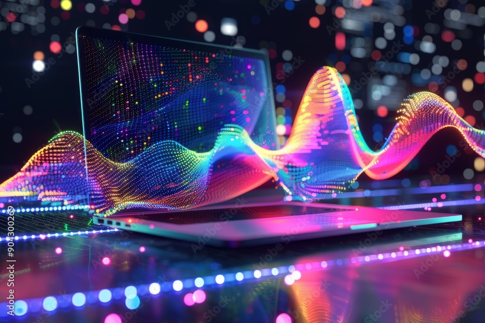 open laptop with 3D wave graph of rainbow colors in front of display ...