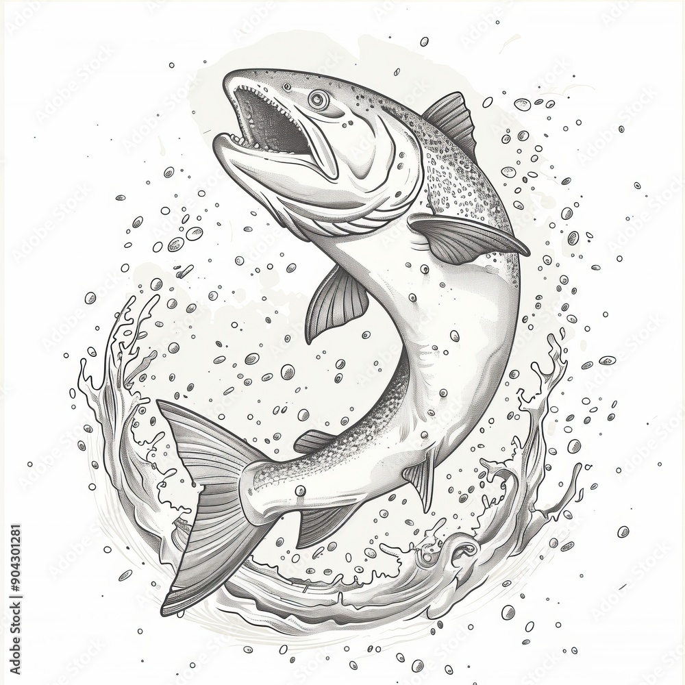 Intricate black and white sketch of the rainbow trout jumping out ...