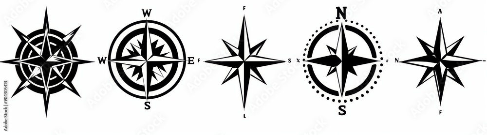 Icon set of compass black symbols - north, south, east, and west ...