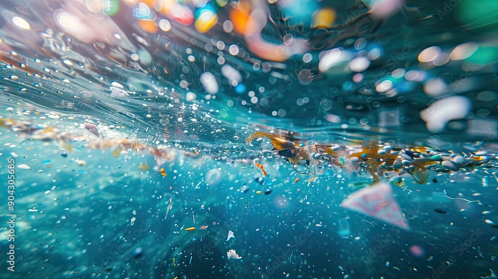 Close-up of microplastics in clear water, illustrating the critical ...