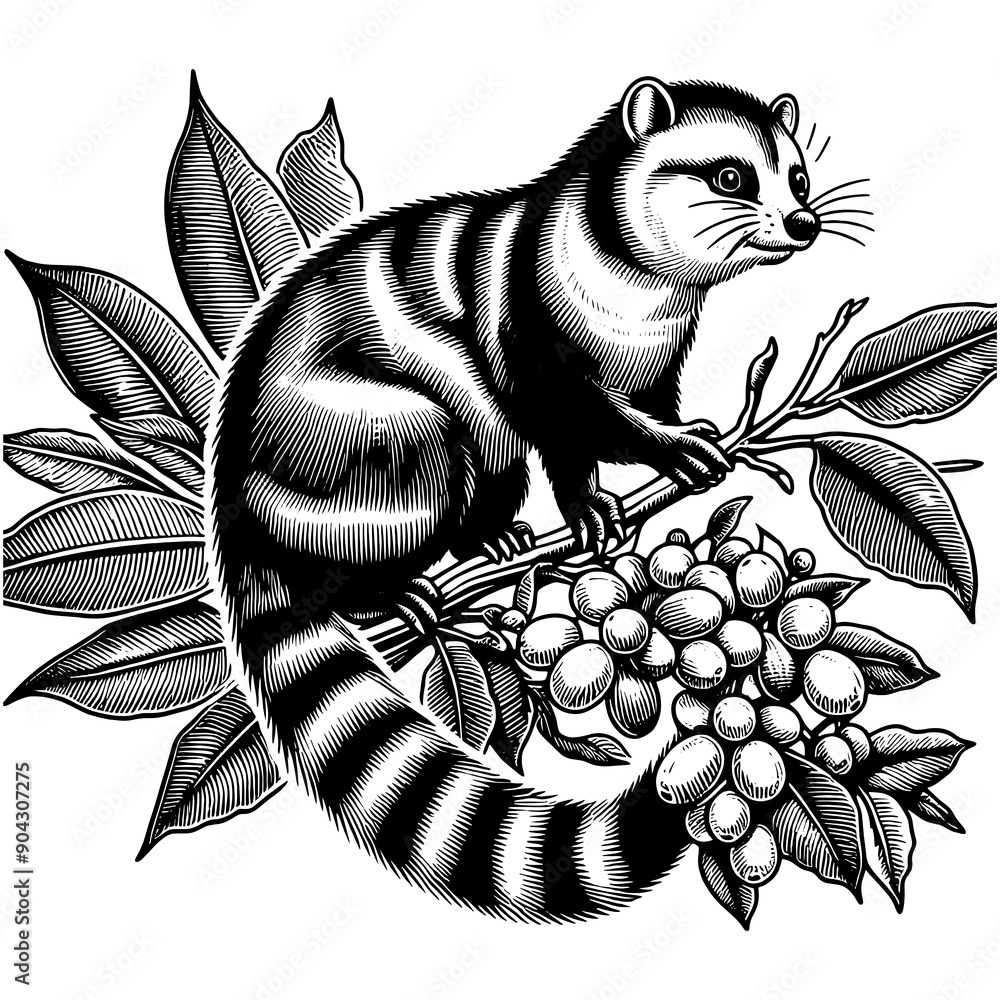 musang Asian palm civet sit on coffee tree branch with coffee cup Kopi ...
