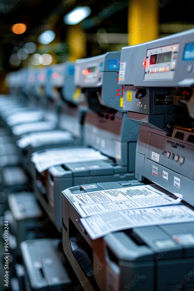 A printer is full of paper and has a yellow warning sign on it. The ...