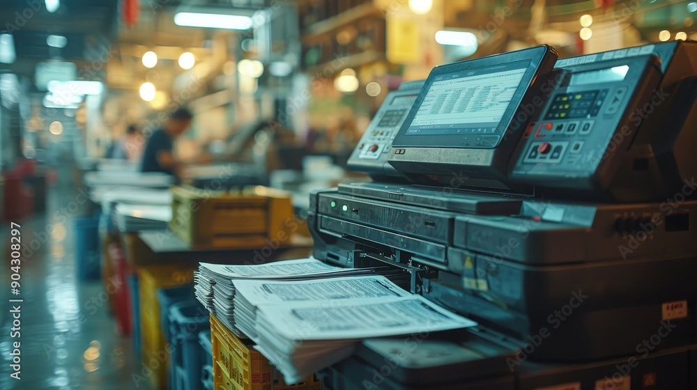 A printer is full of paper and has a yellow warning sign on it. The ...