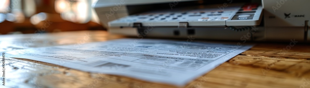 A printer is full of paper and has a yellow warning sign on it. The ...