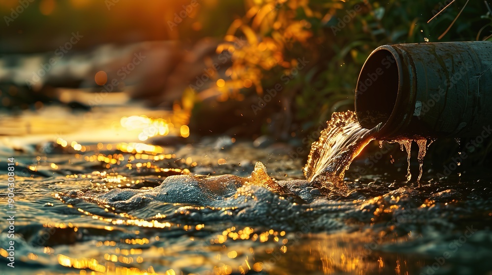 dirty water flowing out of a Sewage pipe into a river sign of water ...
