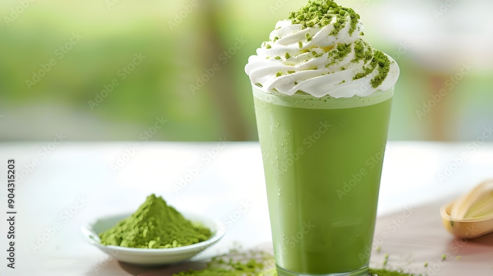 A refreshing green matcha frappé with a dollop of whipped cream and a ...