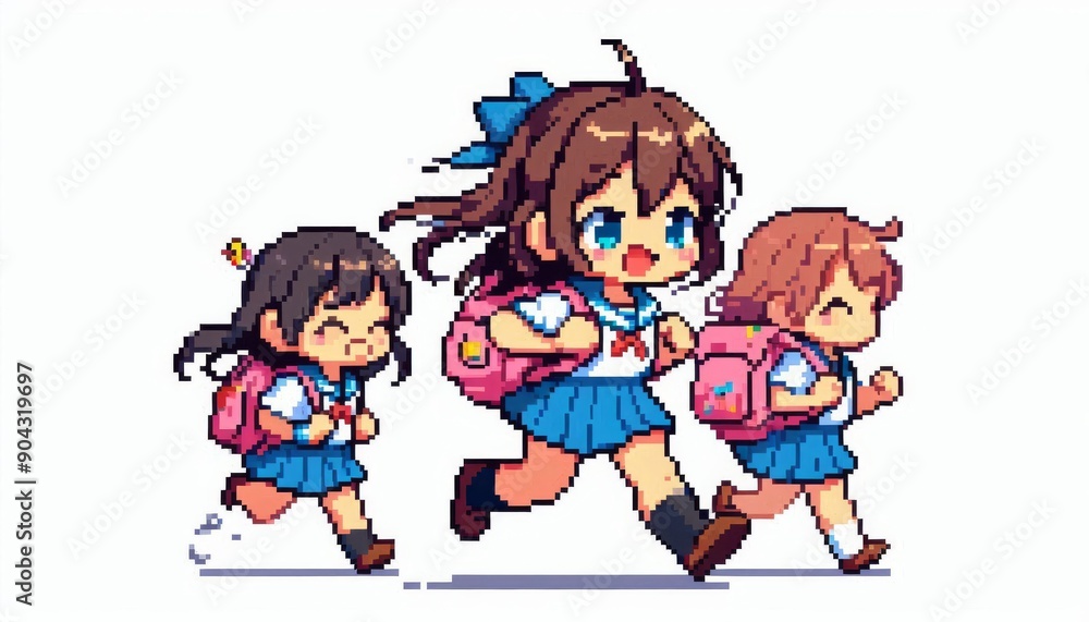 Girl with a backpack and in a school uniform runs to school. Pixel art ...