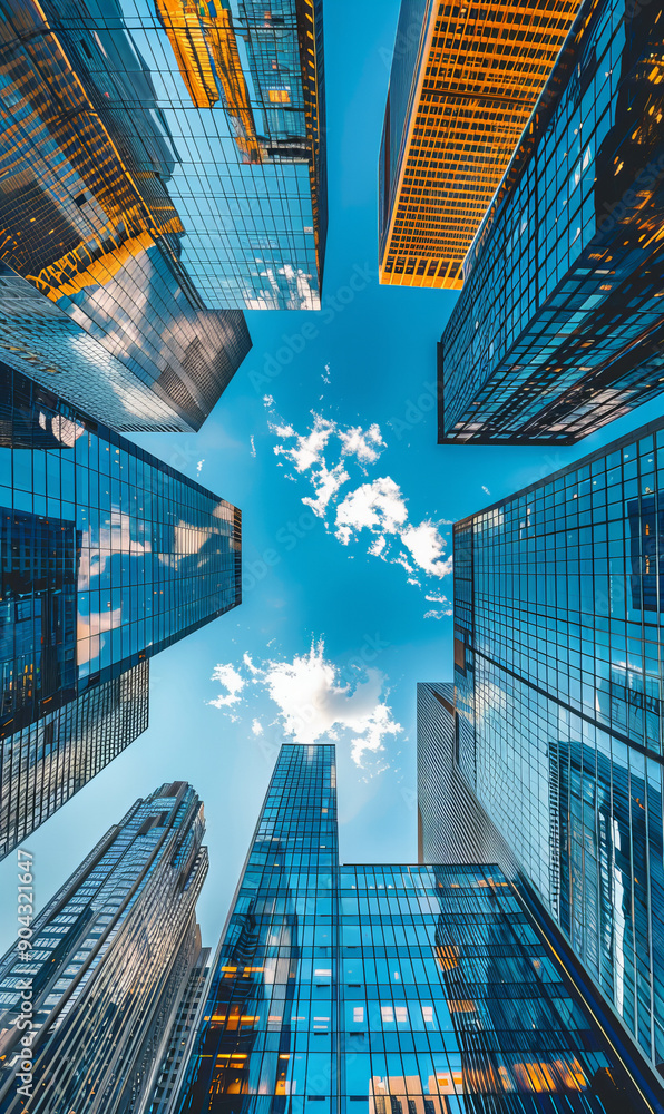 an upward view of modern skyscrapers with reflective glass surfaces ...