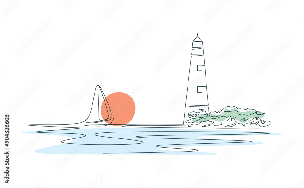 Drawing lighthouse with single continuous line. Sailboat floats on ...