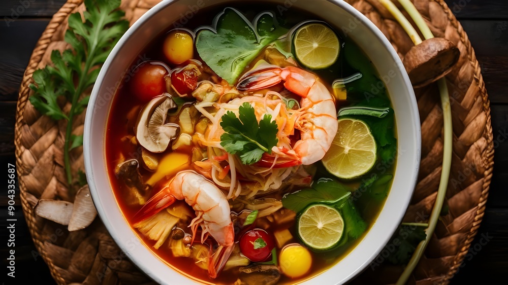High-Resolution Tom Yum Goong Thai Dish with Shrimp, Tomatoes, and ...