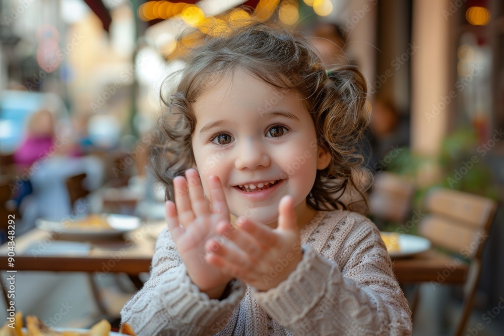 Young child shows hands filled joy eating meal. Playful child joyful ...