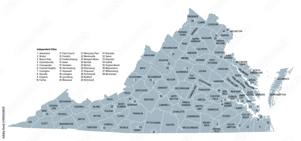 Virginia, U.S. state subdivided into 95 counties and 38 independent ...