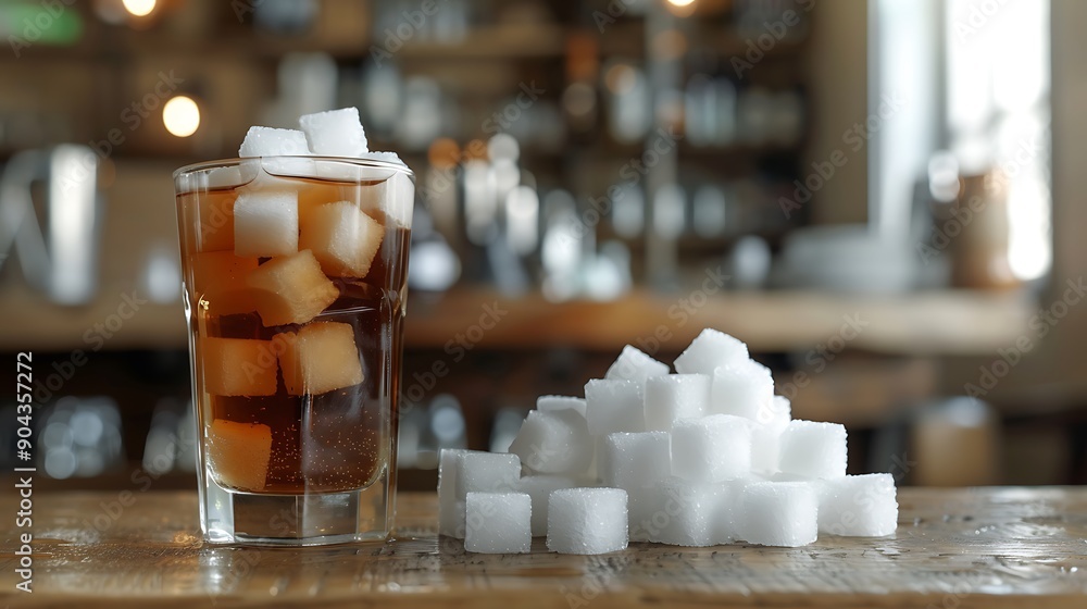 Sucrose cube pile next to a soda glass showing the sugar content Stock ...