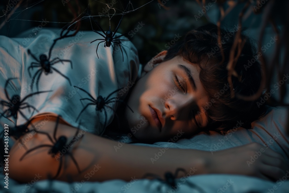 Scared young girl lying beside creatures dark surreal and emotional ...