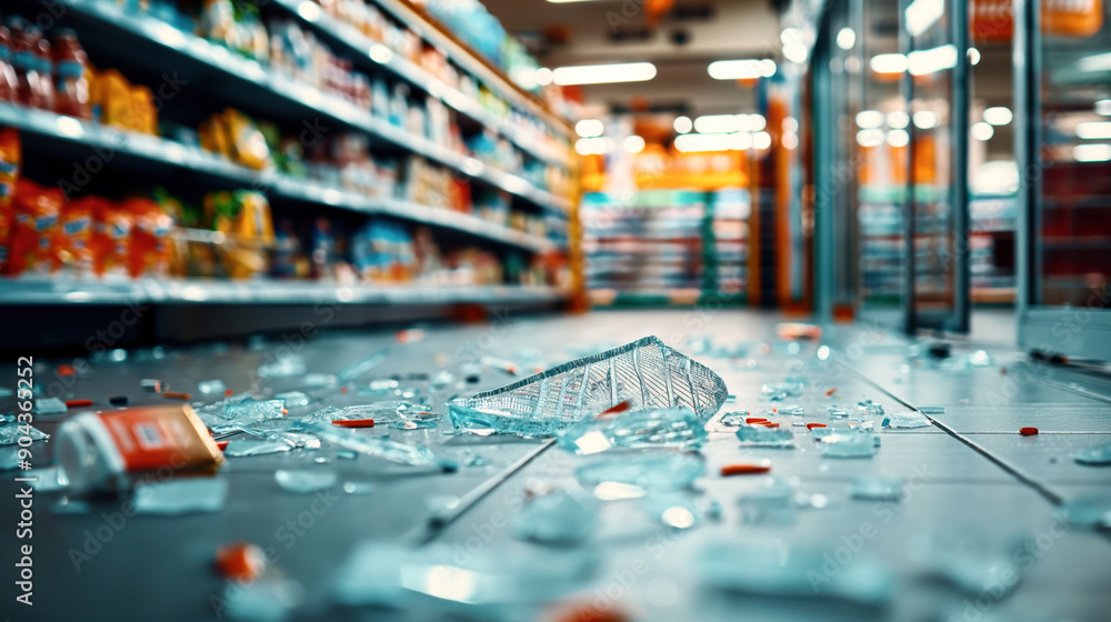 Shattered glass and spilled products on the floor of a supermarket ...