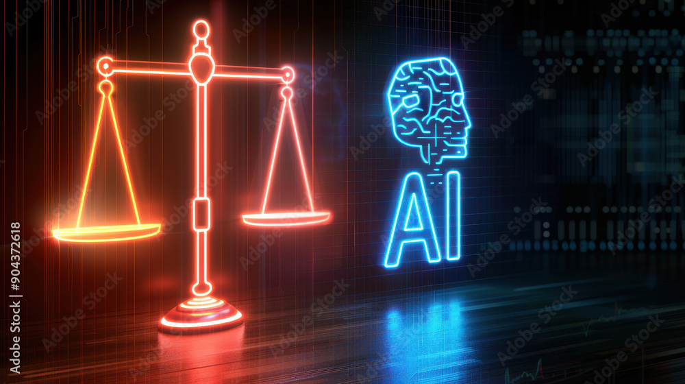 Glowing neon sign depicting artificial intelligence and justice scales ...