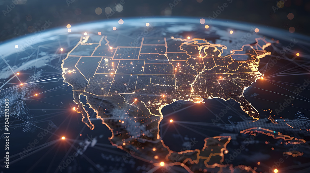 Digital map of United States of America, concept of US global network ...