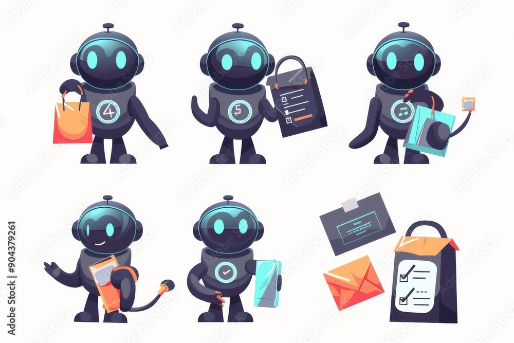 Robotic assistant characters vector set. Robots ai characters holding ...