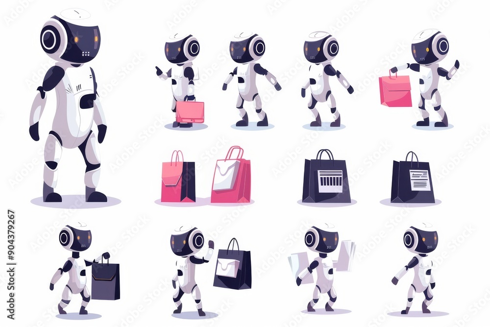 Robotic assistant characters vector set. Robots ai characters holding bags, mail and checklist ...
