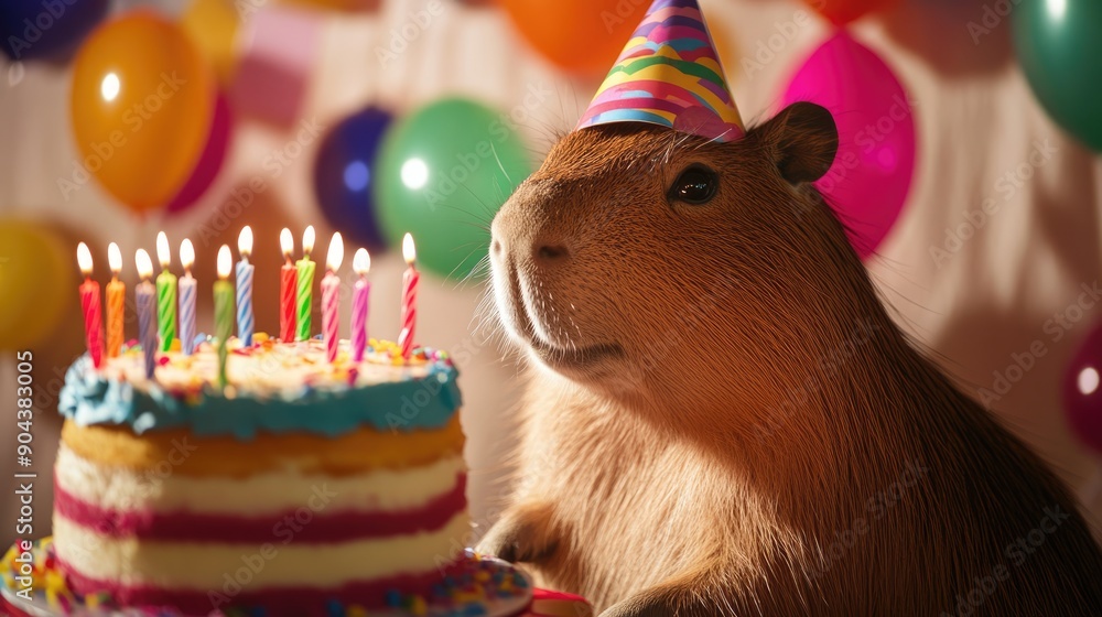 capybara in a party hat sitting in front of cake with lit candles ...