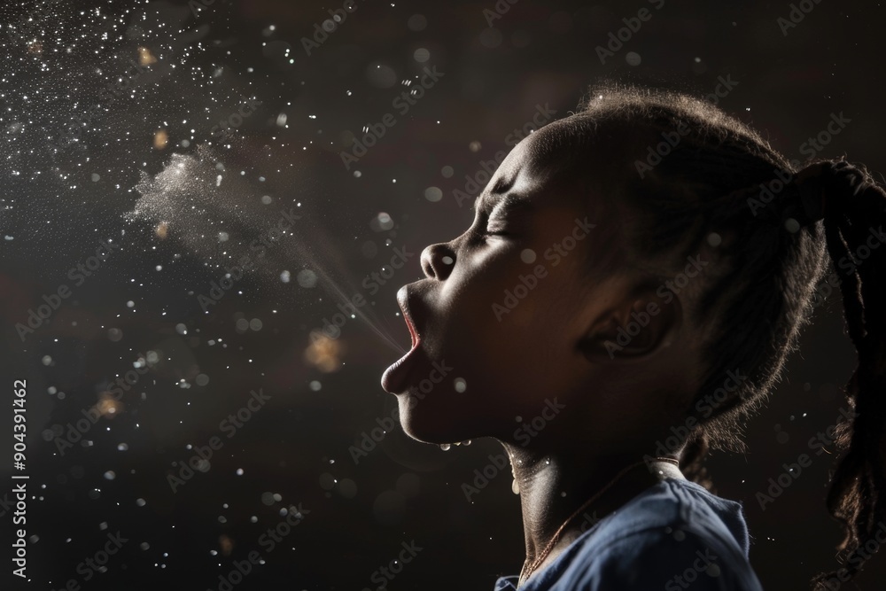 Black backgrounds highlight child sneeze and airborne bacteria. Illness ...
