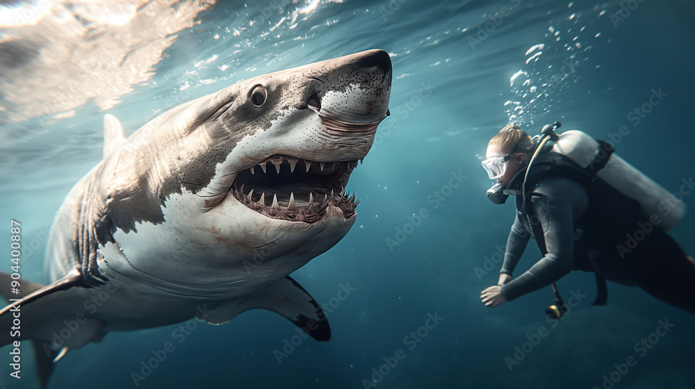 Underwater scene of a scuba diver facing a great white shark with open jaws in clear ocean water ...