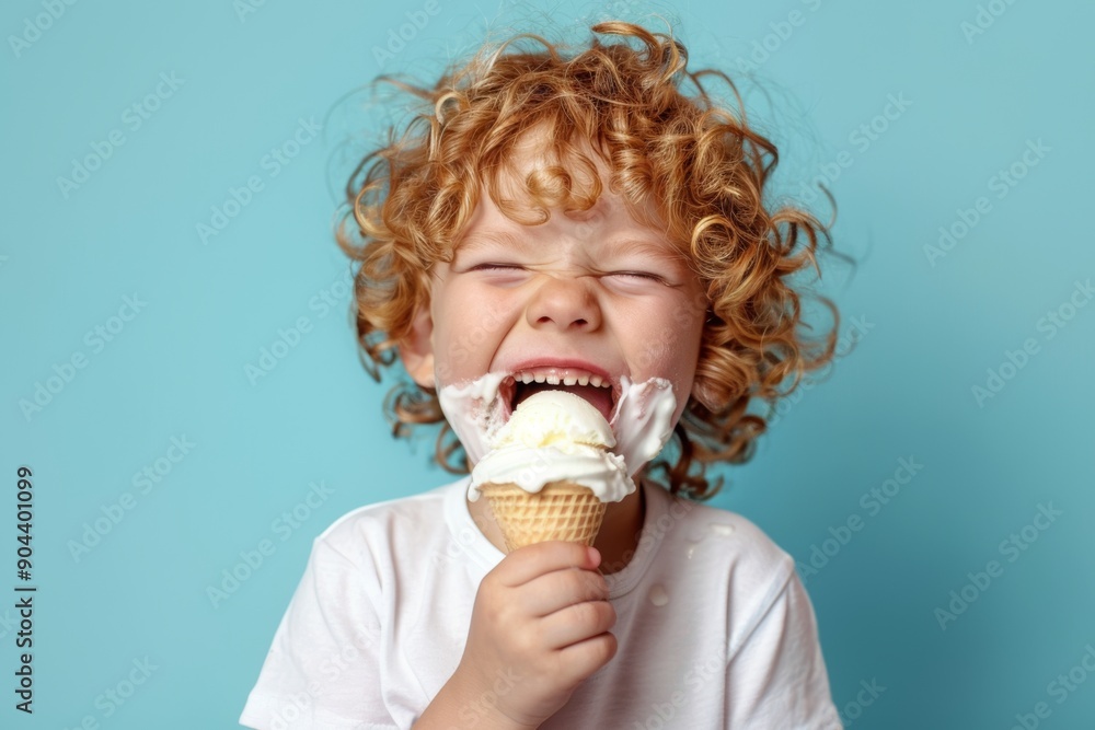 Child giggles with every bite of ice cream. Gentle curls frame his face ...