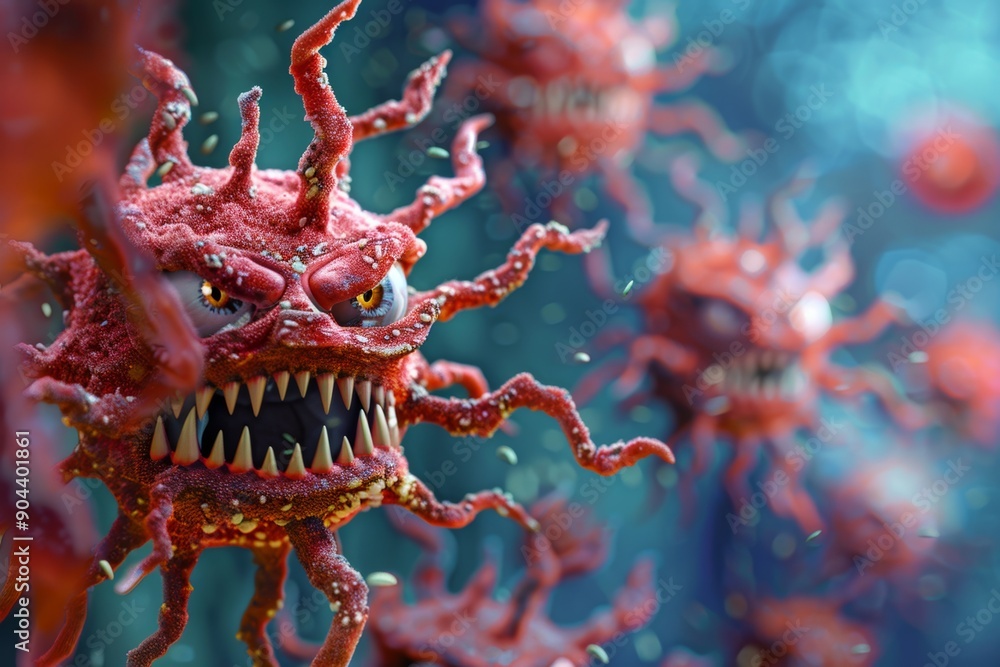 Illustrated virus appears somewhat angry noticeable hostile traits ...