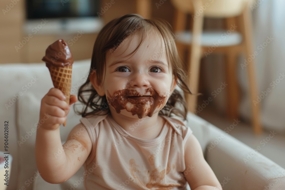 Kid beams with joy while enjoying ice cream. Baby portrait showcasing ...