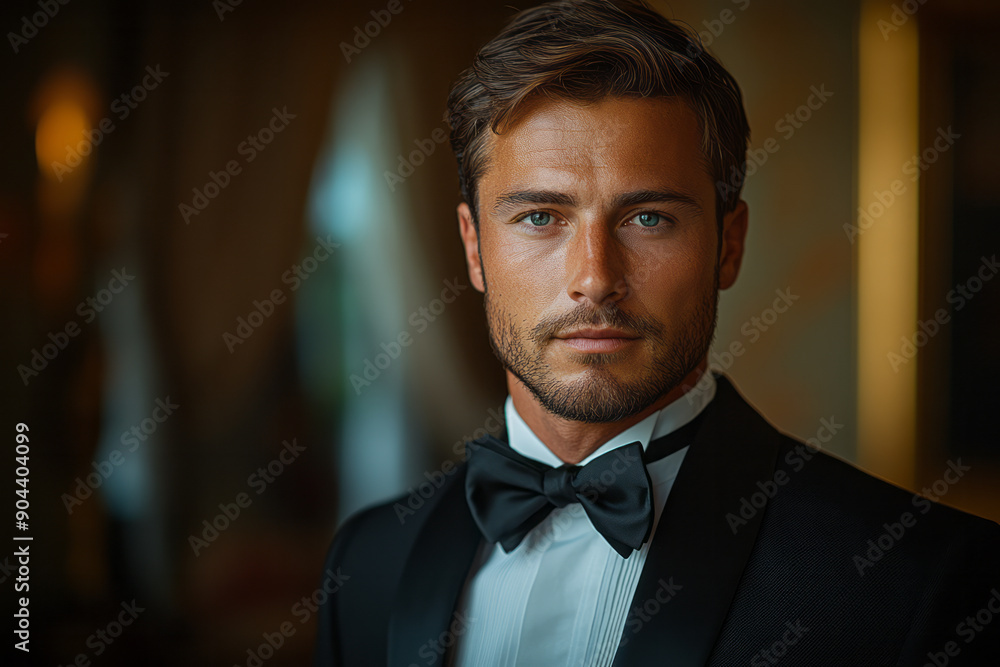 Clean depiction of a man in a classic tuxedo, with soft lighting ...