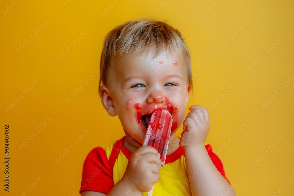 Child indulges in a tasty ice cream cone. Adorable baby boy serene ...
