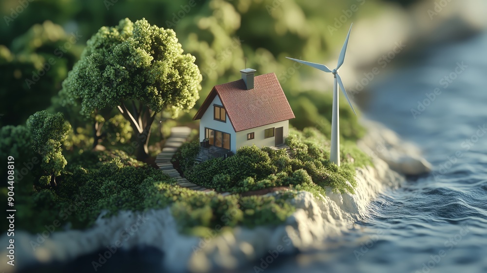 sustainable living on a small island, featuring a quaint house with a ...