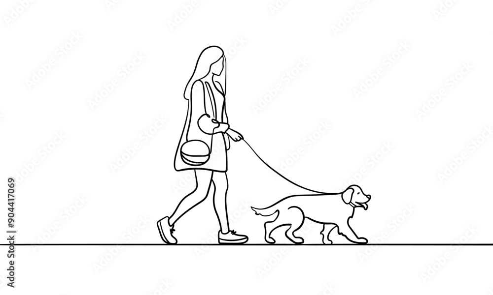 Girl walking with dog continuous line art drawing isolated on white ...