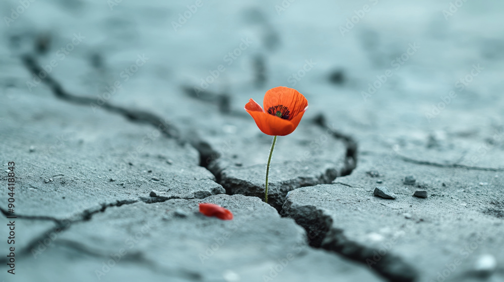 Red poppy flower blooming in the middle of a cracked, dry ground ...