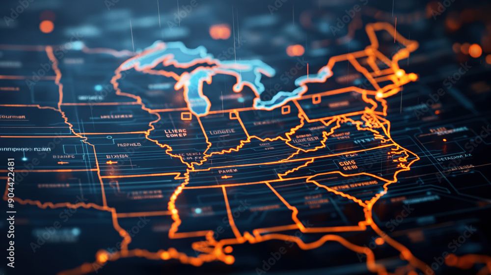 Futuristic digital map displaying the Midwestern and Eastern regions of ...