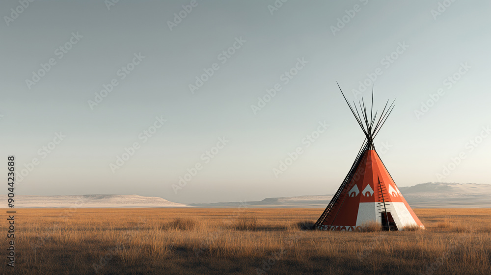 Traditional Native American tipi in a vast, flat prairie landscape with ...