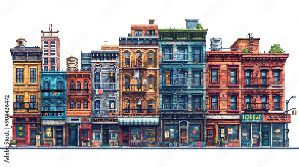 pixel art illustration of colorful urban buildings, showcasing retro ...
