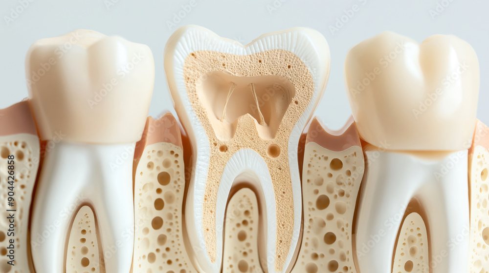 Detailed cross-section of a human tooth showing internal structures ...