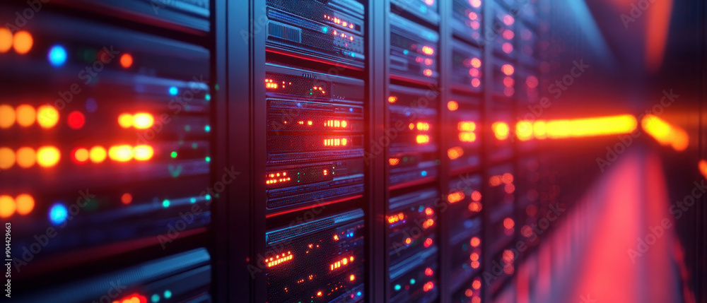 Closeup of a server rack with warning lights, representing data center ...