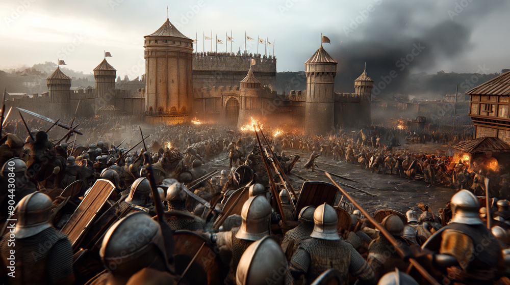 Medieval battle scene with armored soldiers fighting near a castle with ...