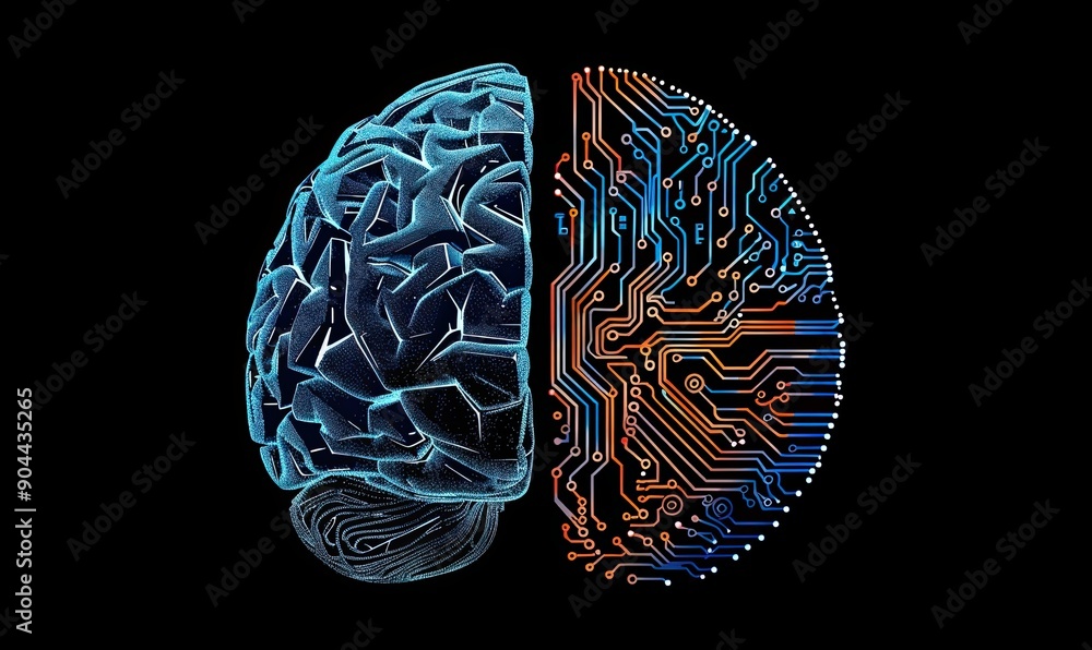 A digital brain made of blue circuit lines and binary code, with two ...