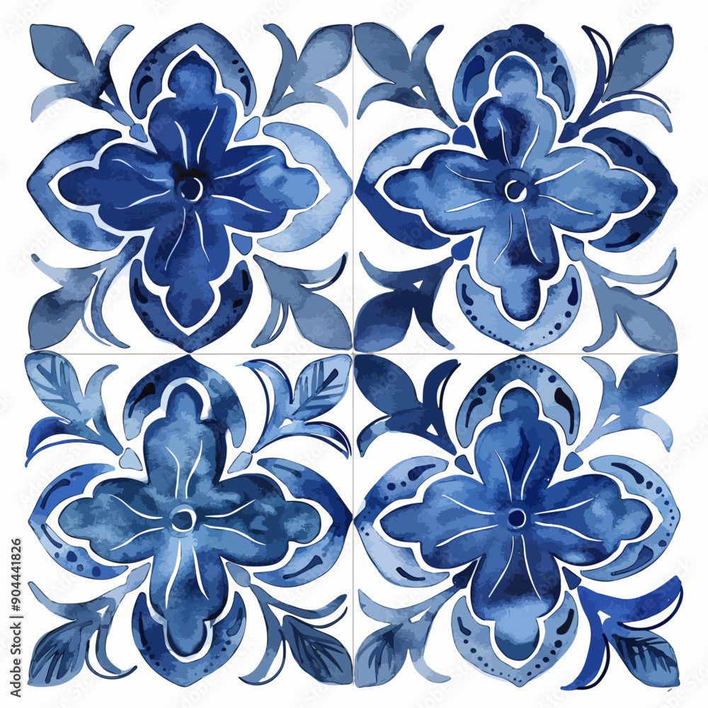Watercolor blue sicilian tiles design isolated on white, Watercolor ...
