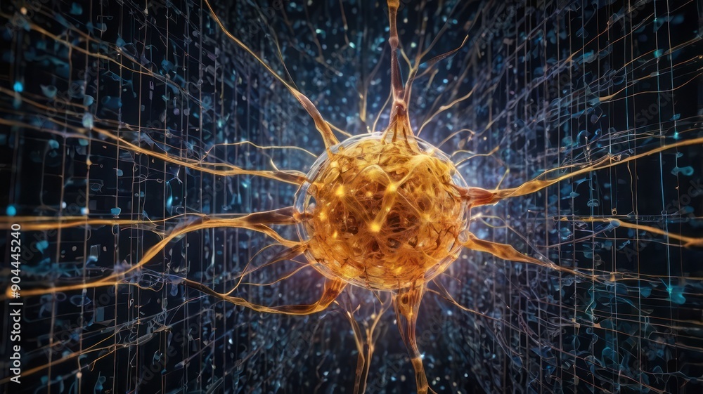 Glowing golden neuron structures amid digital data stream, symbolizing neuroscience and ...