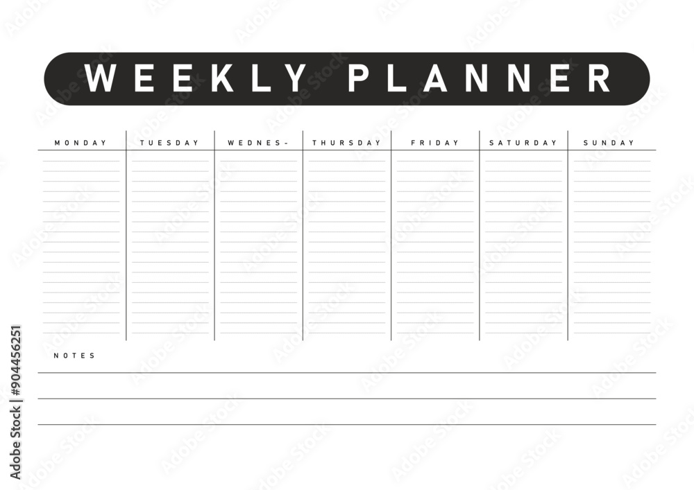 Minimalistic weekly planner template with a black header and white ...