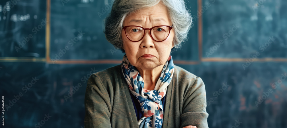 Old woman - teacher or professor standing in front of blackboard, arms ...